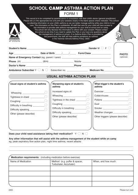 school camp asthma action plan - OLGC - Catholic School Deepdene