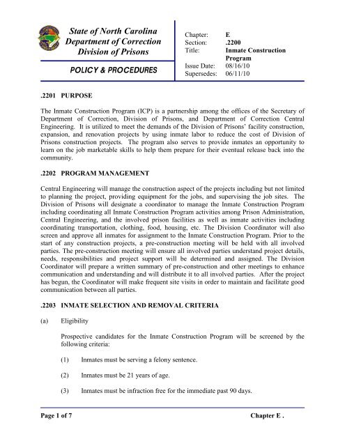 Inmate Construction Program - North Carolina Department of ...