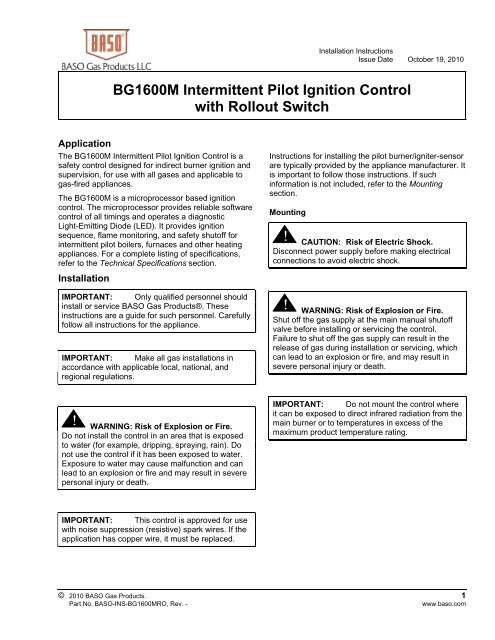BG1600M Intermittent Pilot Ignition Control with Rollout Switch - Baso