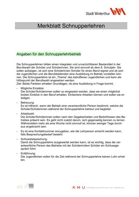 Merkblatt Schnupperlehren