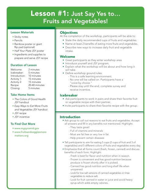 Fruits and Vegetables Lesson Plan - Just Say Yes to Fruits and ...