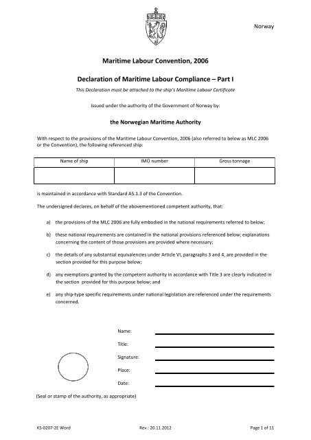 Declaration of Maritime Labour Compliance â Part I