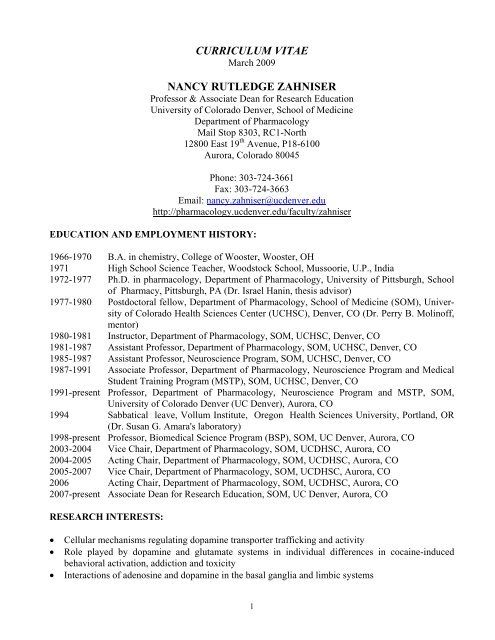 curriculum vitae nancy rutledge zahniser - Pharmacology Program ...