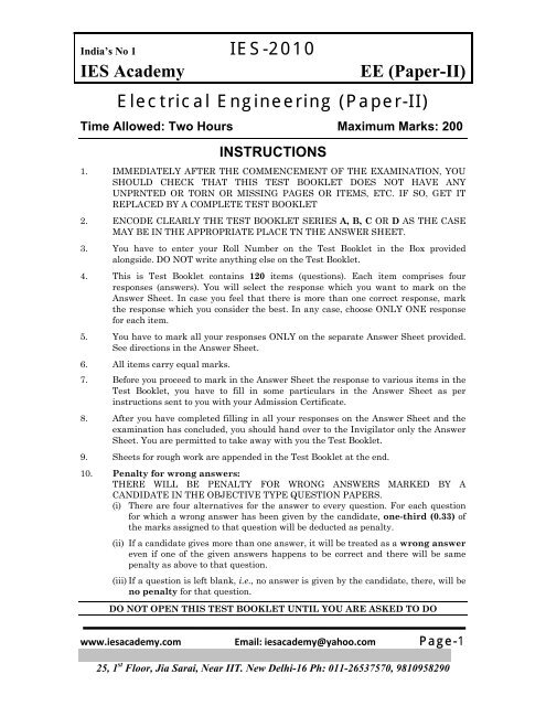 IES-2010 IES Academy EE (Paper-II) Electrical Engineering (Paper-II)