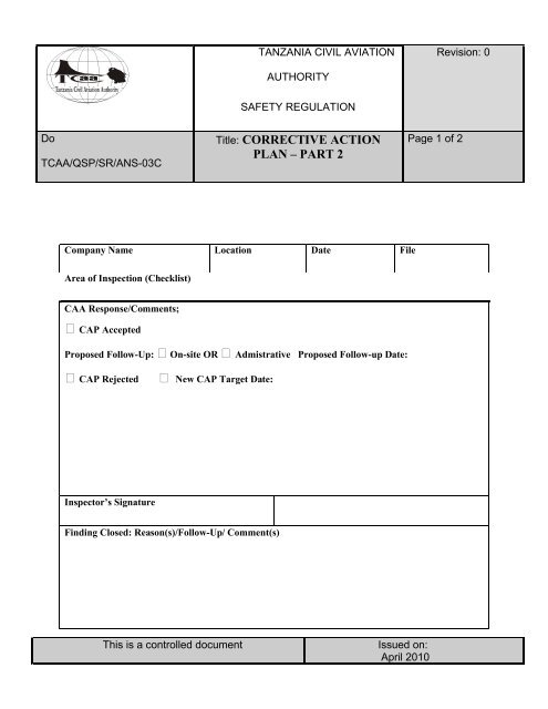 CORRECTIVE ACTION FORM Part 2 - Tanzania Civil Aviation ...