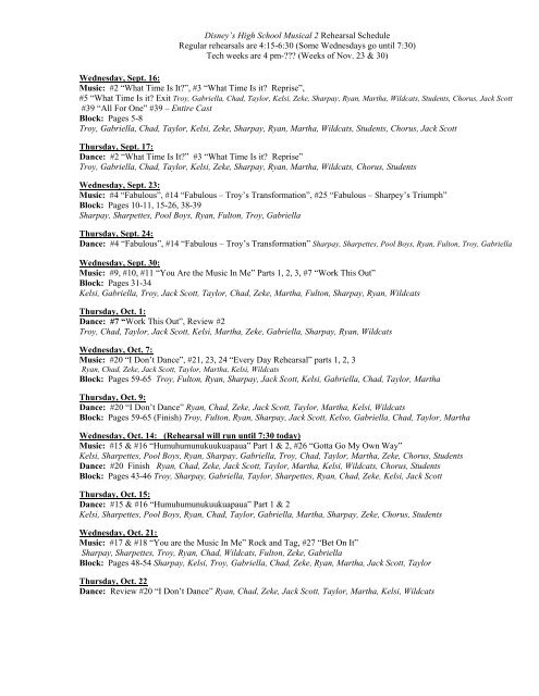Disney's High School Musical 2 Rehearsal Schedule Regular ...