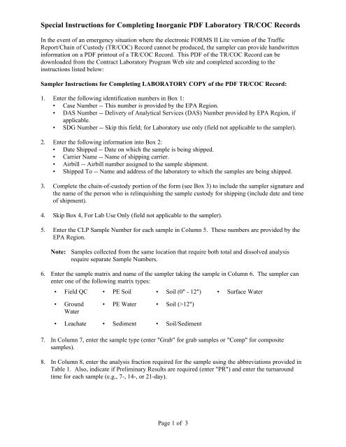 Laboratory Inorganic TR/COC Record Instructions