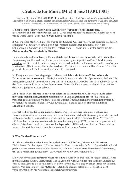 Grabrede auf eine treue, liebevolle Mutter und ... - Bonse, Ulrich