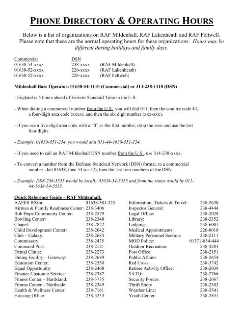 PHONE DIRECTORY & OPERATING HOURS - RAF Mildenhall
