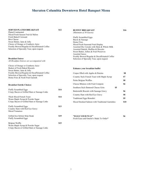 Sheraton Columbia Downtown Hotel Banquet Menu