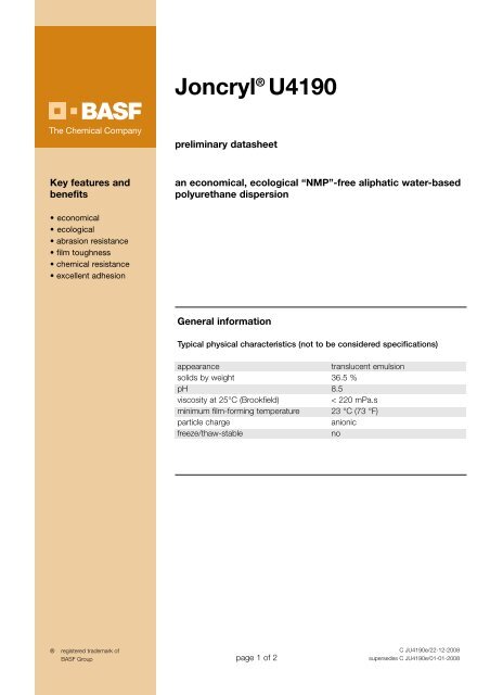 Joncryl U4190 (22-12-2008):TDS BASF Template.qxp.qxd