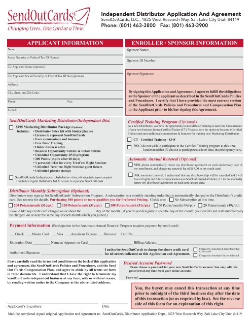 Independent Distributor Application And Agreement ... - SendOutCards