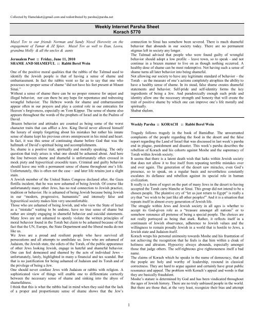 Weekly Internet Parsha Sheet Korach 5770