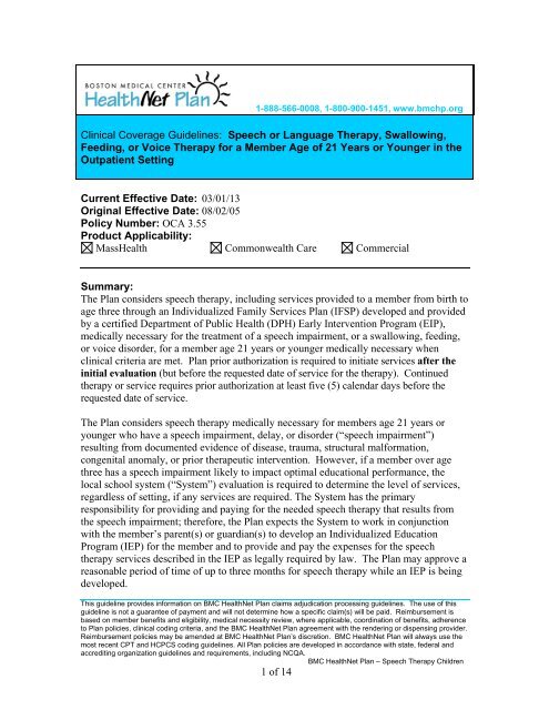 Speech or Language Therapy for Children Current - BMC HealthNet ...