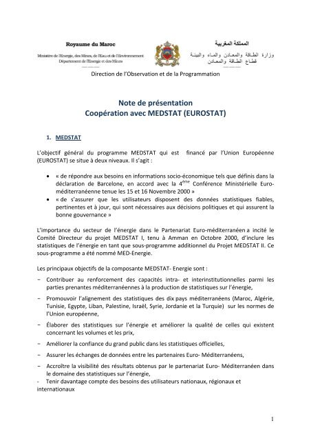 Note de présentation Coopération avec MEDSTAT - Ministère de l ...