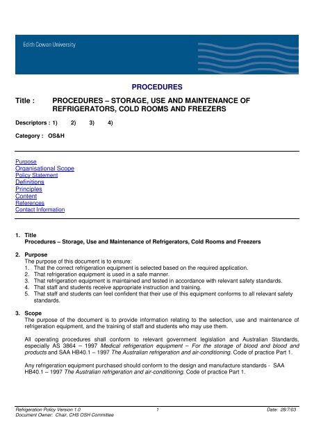 Storage, use and maintenance of refrigerators, cold rooms and ...