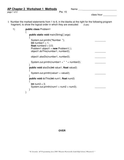 AP Chapter 2 Worksheet 1 Methods - GreenLeeCDS.com
