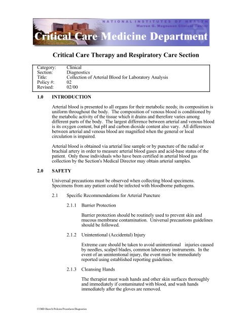 Collection of Arterial Blood for Laboratory Analysis - NIH Clinical ...
