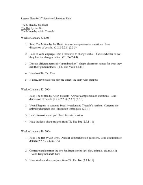 Lesson Plan for 2nd Semester Literature Unit The Mitten by Jan Brett ...