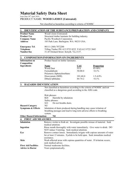 MSDS SmartFrame I-Joist Pacific Woodtech.pdf - Tilling Timber