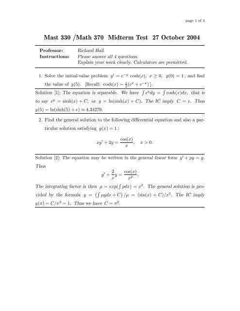 Mast 330 /Math 370 Midterm Test 27 October 2004