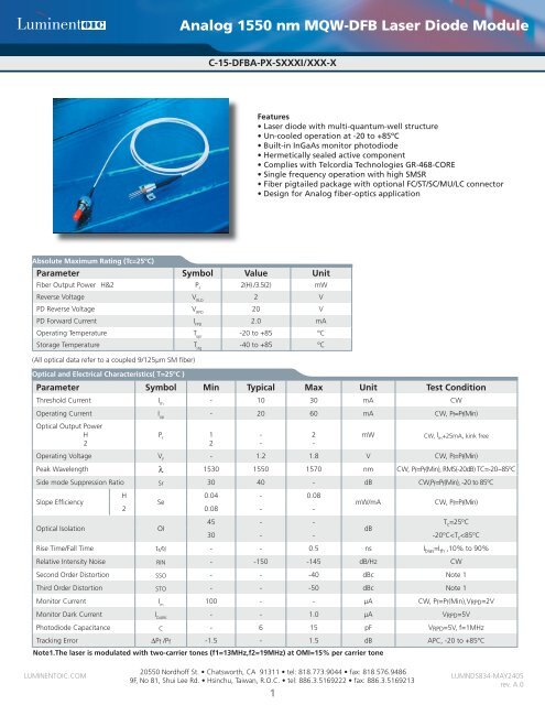 Analog 1550 nm MQW-DFB Laser Diode Module - DigChip