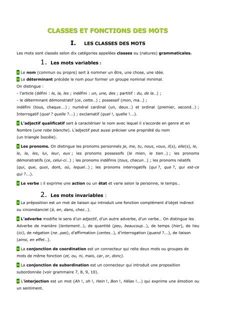 CLASSES ET FONCTIONS DES MOTS - Lyceedadultes.fr