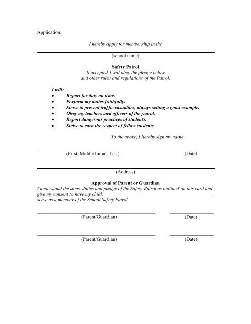AAA School Safety Patrol Parent Consent Form / Pledge Card