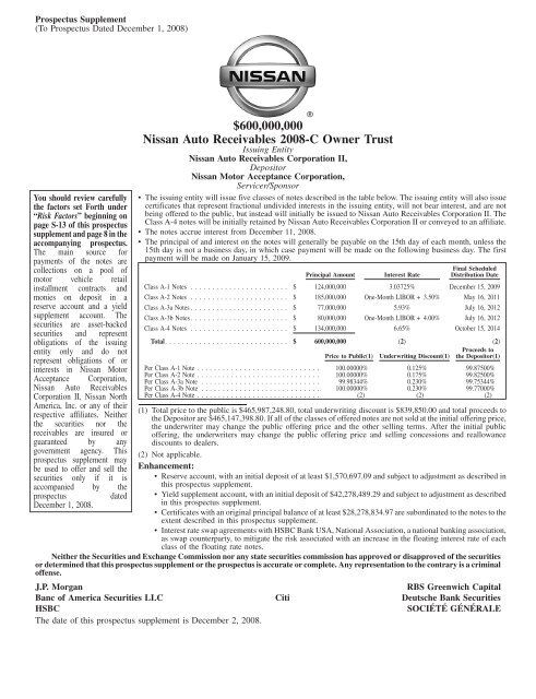 $600000000 Nissan Auto Receivables 2008-C Owner Trust