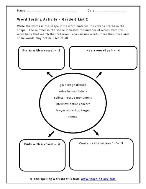 Word Sorting Activity - Grade 6 List 2 - Teach-nology