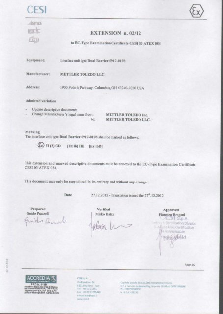 r to EC-Type Examination Certiï¬ cate CESI 03 ATEX ... - Mettler Toledo