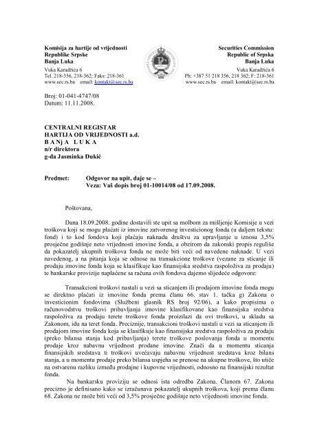 Odgovor na upit Centralnog registra u vezi postupanja depozitara ...