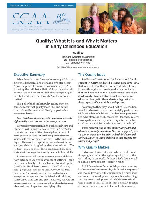 Quality: What it Is and Why it Matters in Early Childhood ... - SCAA