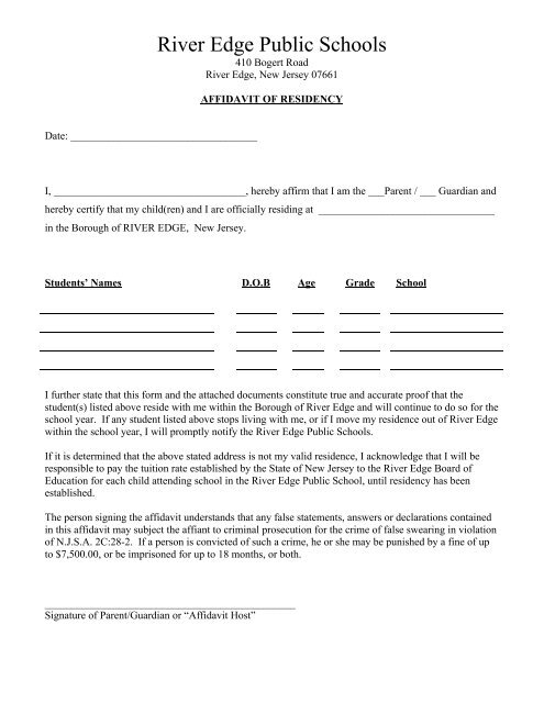 Affidavit of Residency - River Edge Public Schools