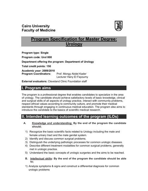 Program Specification for Master Degree: Urology