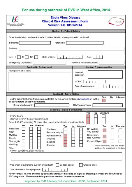 Viral Haemorrhagic Fevers Clinical Risk Assessment Form Version ...