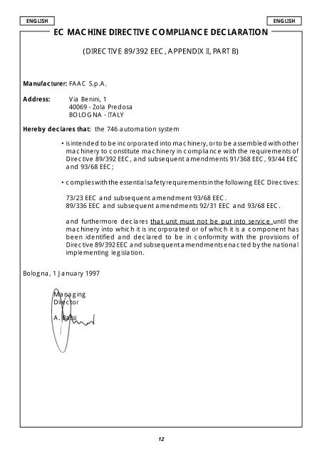 EC MACHINE DIRECTIVE COMPLIANCE DECLARATION - FAAC