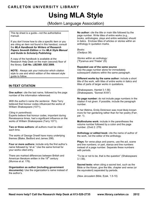 MLA Tip Sheet - Carleton University Library