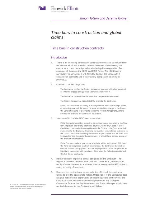 Time bars in construction contracts and global claims - Fenwick Elliott