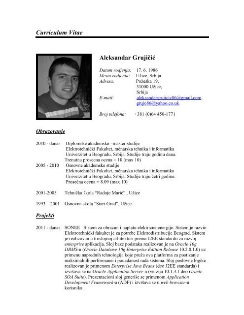 Aleksandar Grujicic CV srpski - Univerzitet u Beogradu