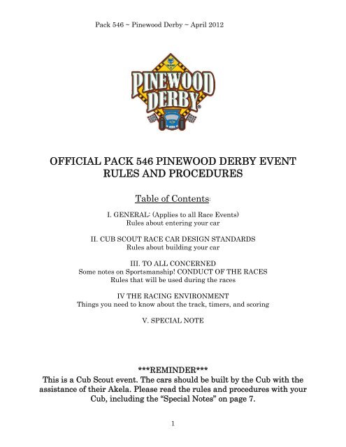 Pinewood Derby Rules - Anaheim Hills Cub Scout Pack 546