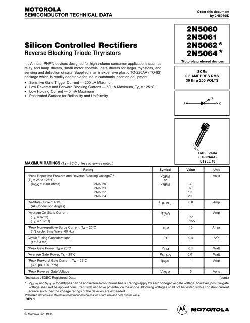 Silicon Controlled Rectifiers 2N5060 2N5061 2N5062 2N5064
