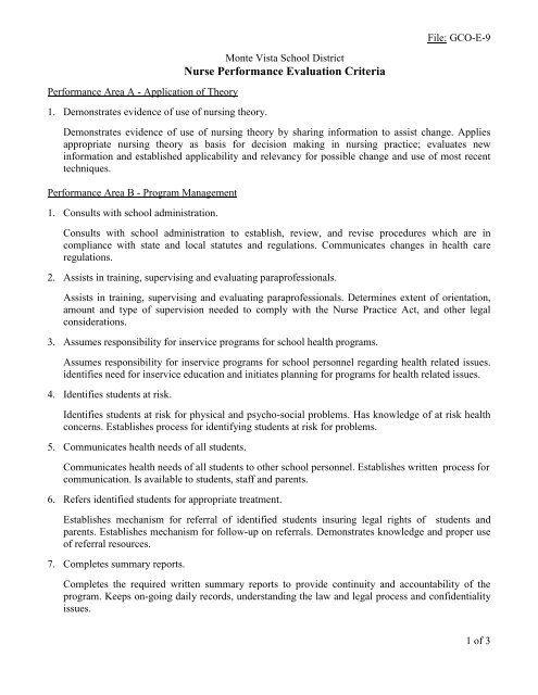 Nurse Performance Evaluation Criteria - Monte Vista School District