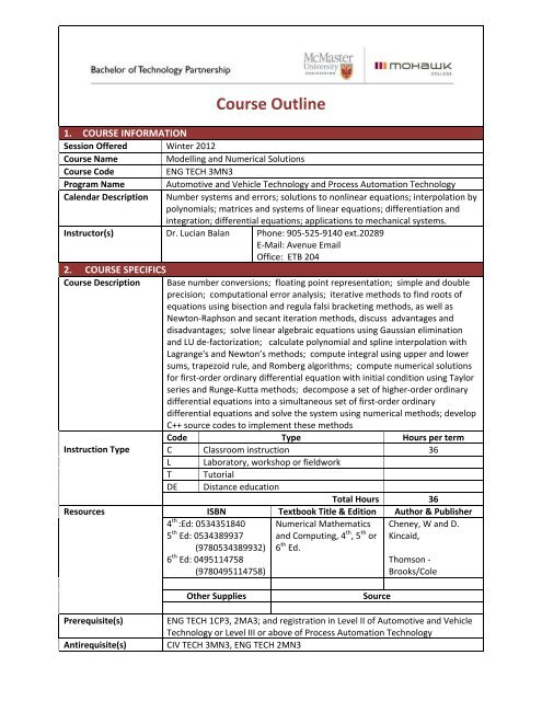 Course Outline - McMaster-Mohawk Bachelor of Technology