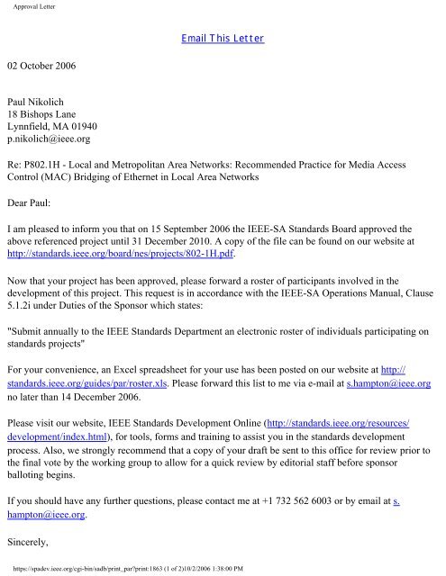 Approval Letter - The IEEE Standards Association