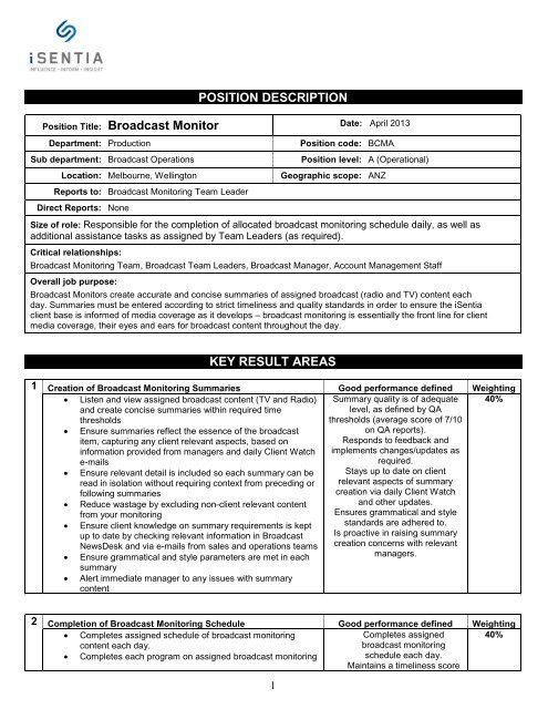 Broadcast Monitor KEY RESULT AREAS