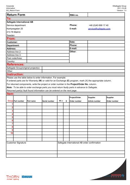Return Form Item: References: Instruction: From: - Safegate