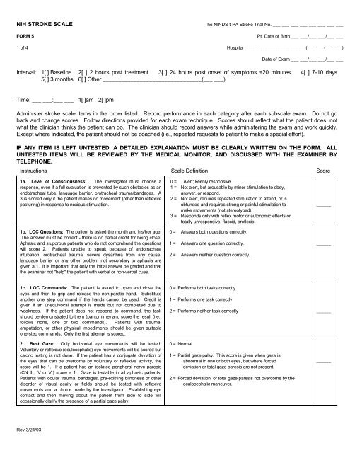 NIH STROKE SCALE Interval: 1[ ] Baseline 2[ ] 2 hours ... - Medscape
