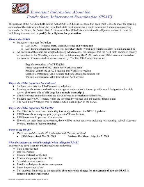 Important Information About the PSAE