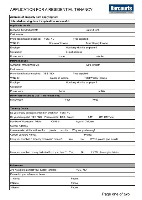 Tenancy Application Form - Harcourts
